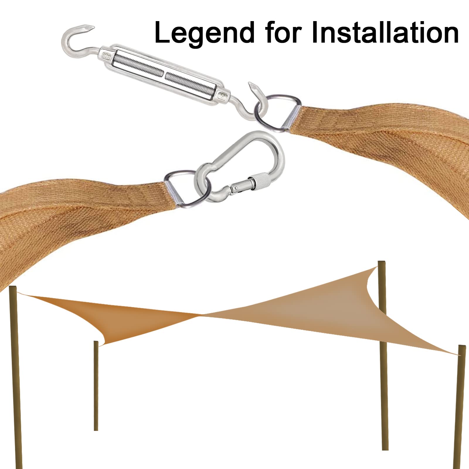 BESTEEL 90 PCS T304 6Inch Hardware Kit 4pcs 12ft Length Extension Nylon Wire Rope for Square & riangle Sun Shade Sail Canopy Awning Installation Installation Complete Set 316 Stainless Steel Anti Rust