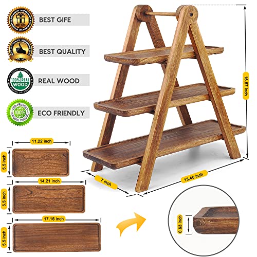 Manspdier Wood 3 Tier Serving Tray Three Tiered Cupcake Stand, Rectangle Serving Platter Wooden Farmhouse Tiered Tray, Party Serving Brown Decorative Tray Tray Decor