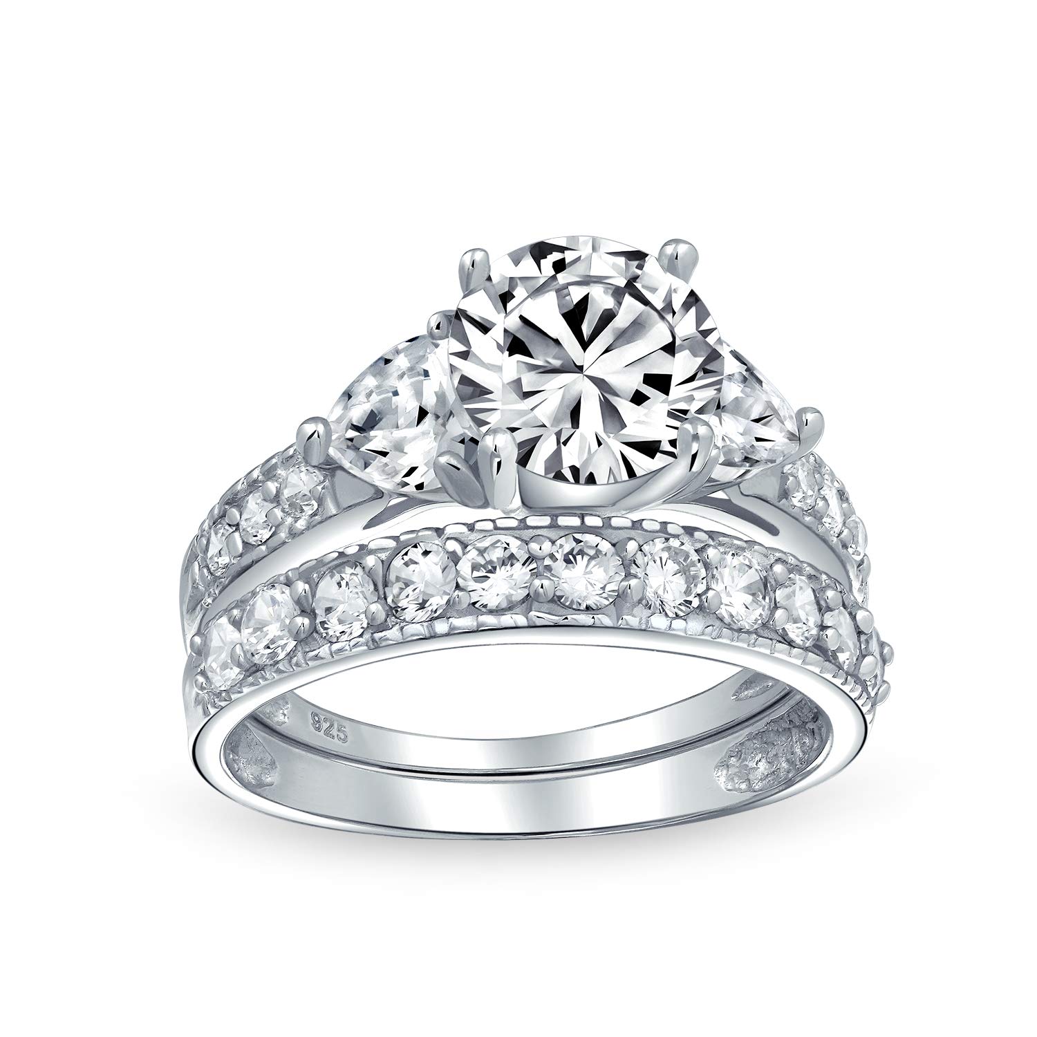 Bling Jewelry 3CT Brilliant Solitaire Cubic Zirconia .925 Sterling Silver AAA CZ Anniversary Wedding Engagement Ring Pave Band Set