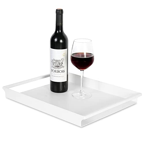 MyGift Decorative Serving Tray, Modern Matte White Metal Rectangle Ottoman Coffee Table Tray with Sleek Rounded Cutout Side Handles