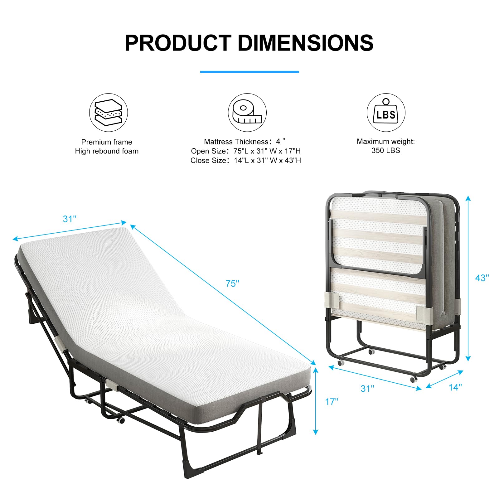 PUREMIND Folding Bed with Mattress for Adults,Twin Size Rollaway Bed with 5'' Memory Foam Mattress, Portable Foldable Bed Fold Up Guest Bed with Dustproof Bag & Baffle (Upgrade with Cover)