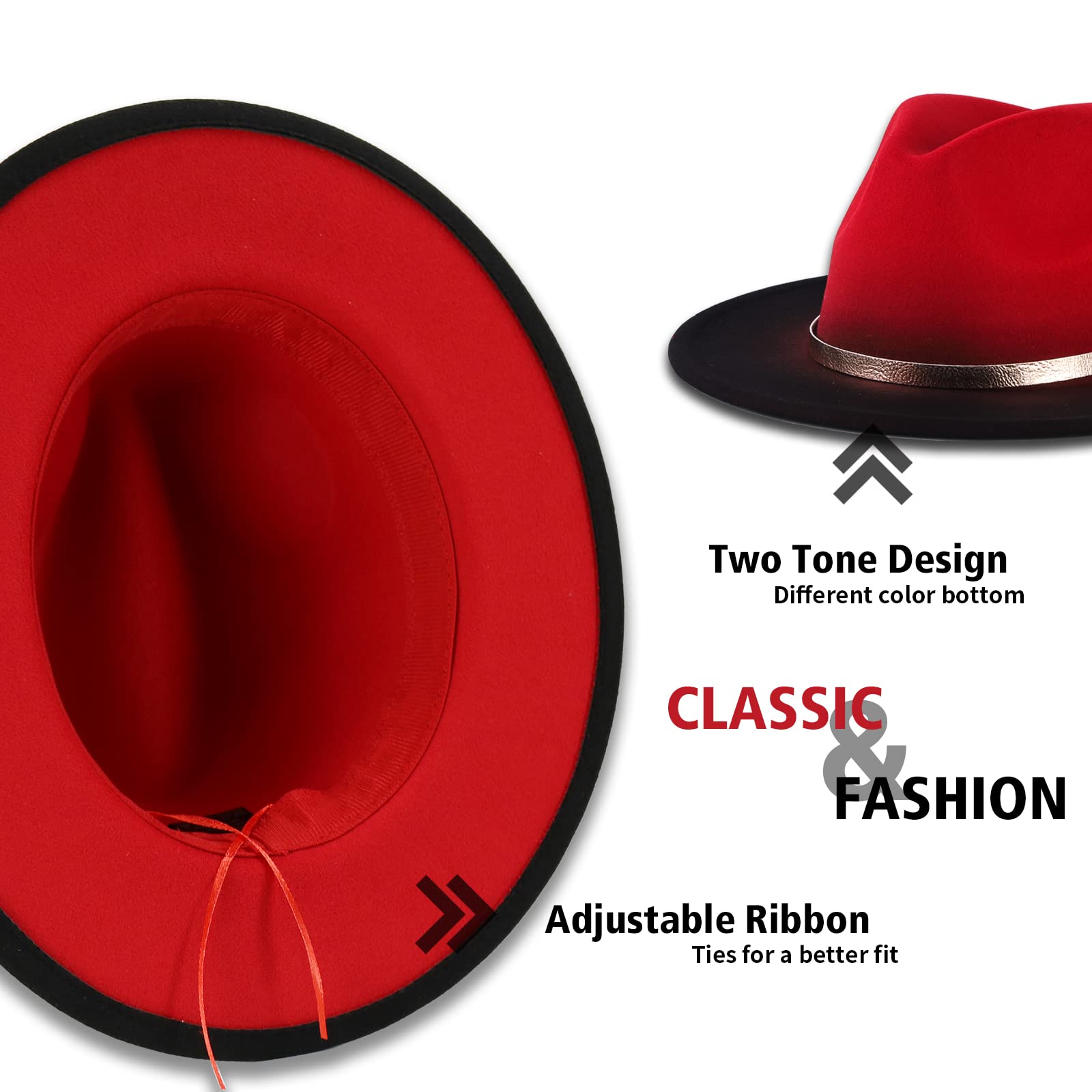 Black Red Fedora Hats for Women Men,Red Bottom Hat Wide Brim Fedora for Women,Two Tone Red Black Fedora(Red A1,Medium)