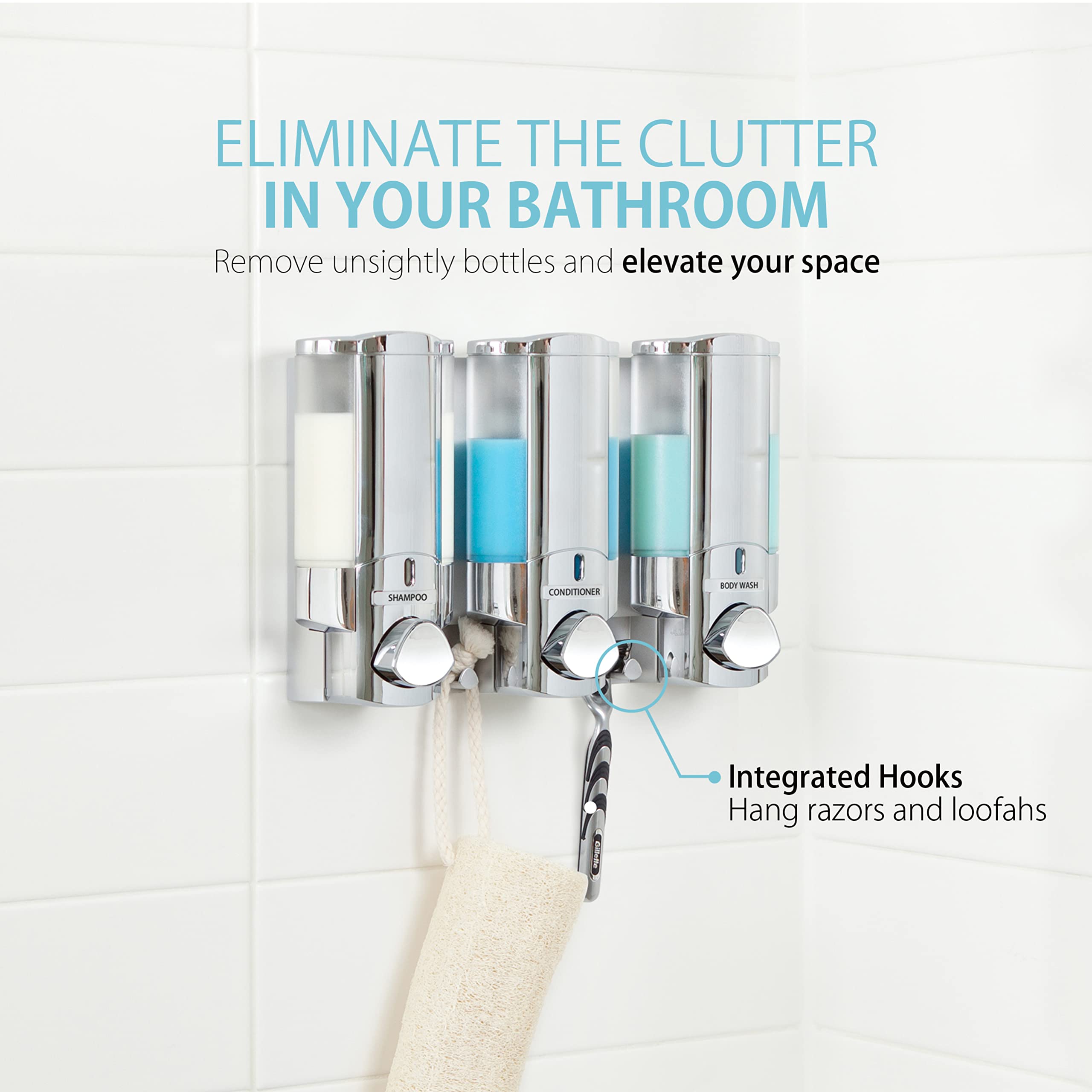 Better Living Products Aviva Shower Dispenser 3, Shampoo and Soap Dispenser, 3 x 11 fl. oz. Chrome, 11.2 x 3.5" x 7"