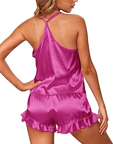 FERDAT Women's Silk Pajamas Set Satin Ruffle Lingerie 2 Piece Pjs Cami Top and Shorts Sleepwear Rose