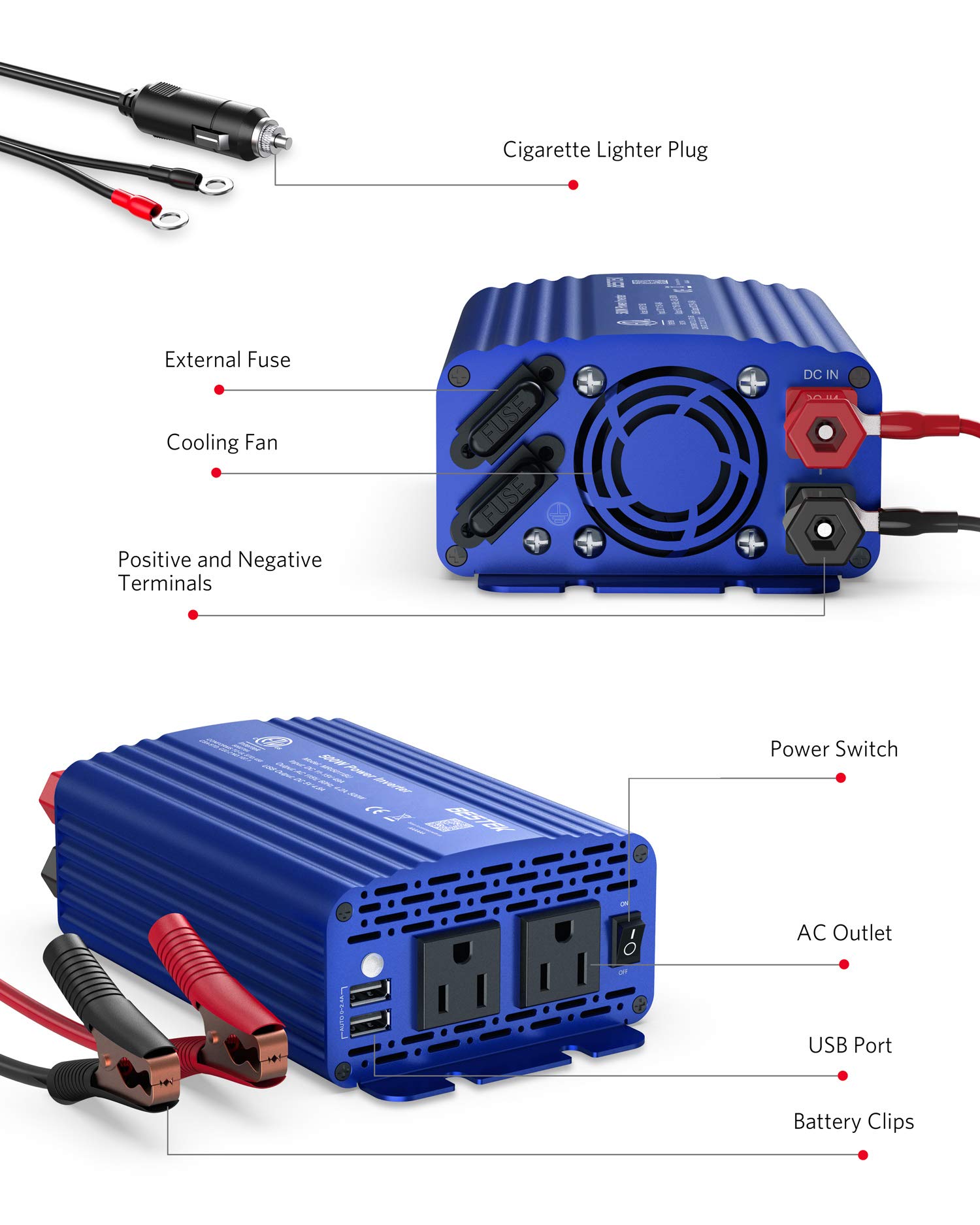 BESTEK 500W Power Inverter DC 12V to 110V AC Converter with 4.8A Dual USB Car Charger ETL Listed (Blue)