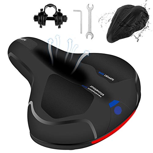 Bike Seat for Men and Women, Comfortable Bicycle Seat Replacement Soft Memory Foam with Dual Shock Absorbing Rubber Ball Universal Wide Bicycle Saddle, with Mounting Tools,Reflective Strap,Storage Bag