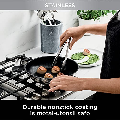 Ninja C60030 Foodi NeverStick Stainless 12-Inch Fry Pan, Polished Stainless-Steel Exterior, Nonstick, Durable & Oven Safe to 500°F, Silver
