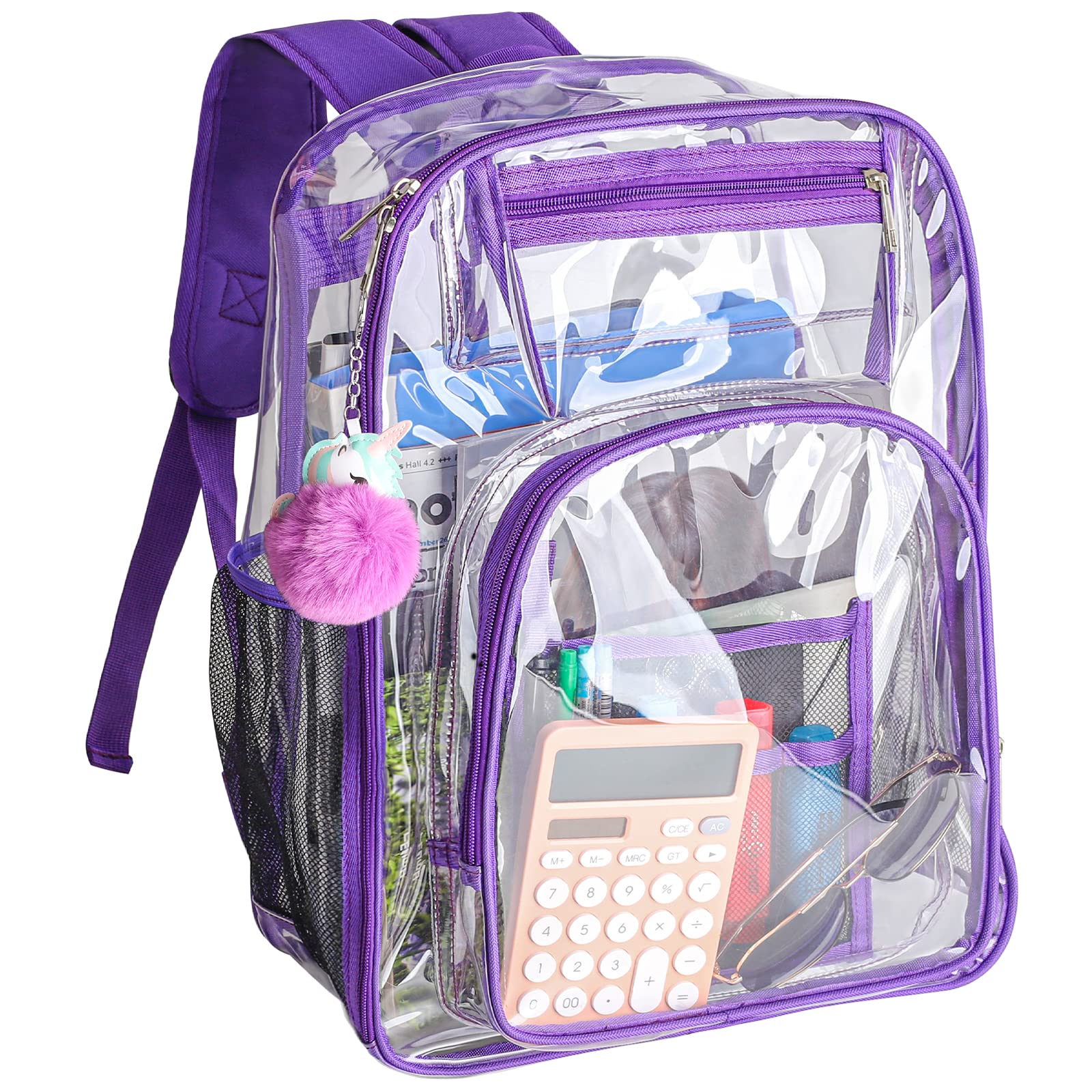 BEELIFY Clear Backpack - Heavy-duty PVC Multiple Compartments Transparent Bag - Large-capacity See-through Backpacks for Study/Travel/Workplace-Purple
