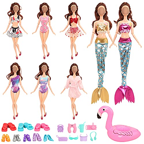 ENOCHT 25 Pcs Doll Clothes and Accessories Contain 4 Different Handmade Swimsuit, 1 Handmade Bathrobe, 1 Bathtowel, 16 Accessories, 1 Swimming Ring Float and 2 Mermaid Dress for 11.5 inch Doll