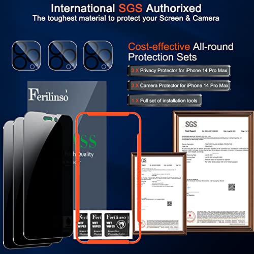 Ferilinso [3+3 Pack] for Apple iPhone 14 Pro Max Privacy Screen Protector Tempered Glass Accessories 3 Pack 9H Anti Spy Privacy Screen For iPhone 14 Pro Max 3 Pack Camera Lens Protector