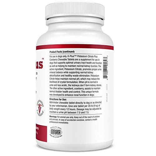 K-Plus Potassium Citrate Plus Cranberry Supplement for Dogs - UTI Remedy Chewable Tablets - Supports Bladder Health - For Every Dog Breed (100 Tabs)