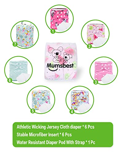 Mumsbest Cloth Diaper for Baby Girls with Tummy Panel, 6 Pack Reusable Adjustable Washable AWJ Lining Pocket Nappy with 6 Inserts & 1 Diaper Wet Bag (Girl)