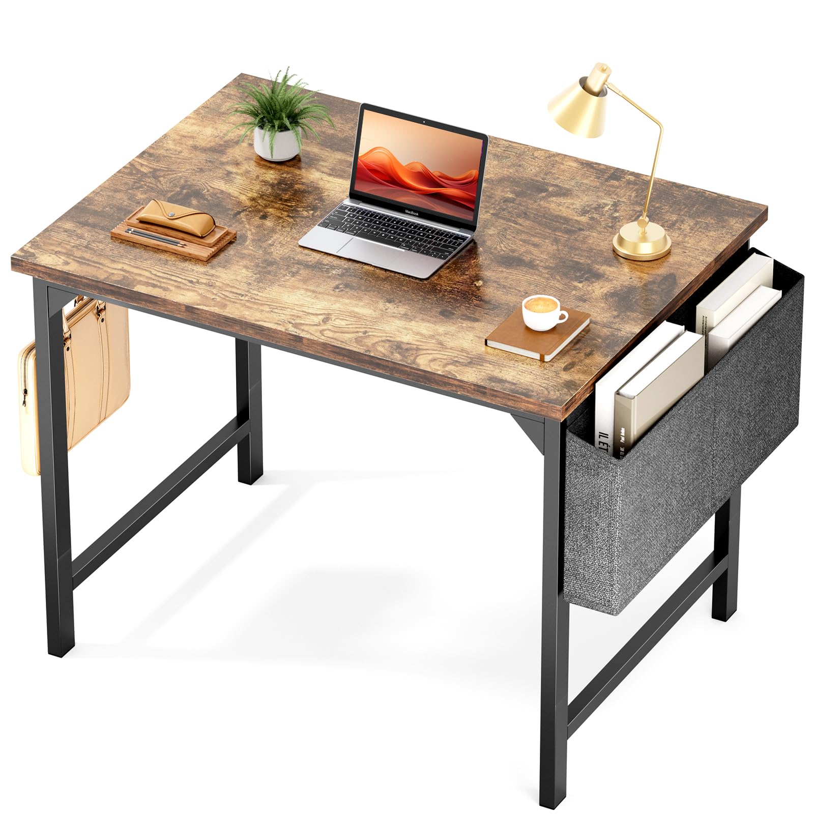 DUMOS 32 inch Small Computer Desk Writing Study Work Office Table Modern Simple with Storage Bag and Hook for Home Bedroom, Rustic Brown
