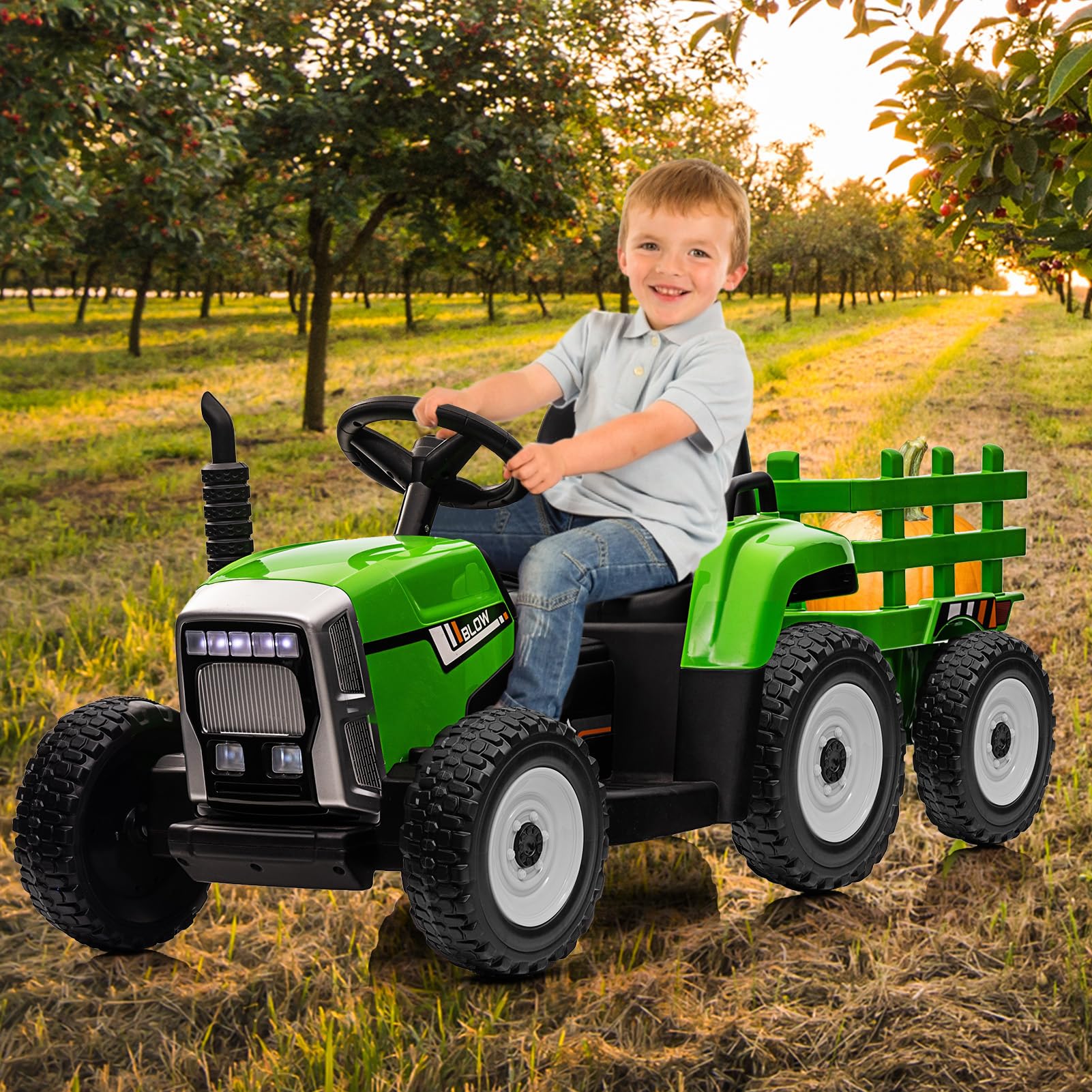 Nasitip 12V Battery Powered Electric Tractor with Trailer, Toddler Ride On Car w/Remote Control/7-LED Headlights/2+1 Gear Shift/MP3 Player/USB Port for Kids 3-6 Years (Green, 25W/Tread Tire)