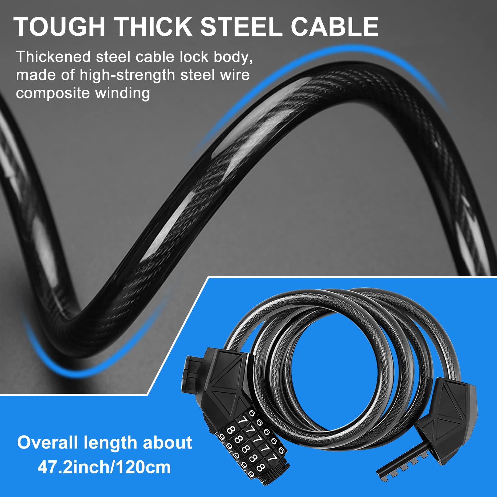 Bike Lock Cable - Strong Durable Bicycle Lock 4 Feet Portable Heavy Duty Anti Theft Cable Locks 5 Digit Combination Cable Bike Lock with Holder Easy to Use Suitable for Bicycles(Black)