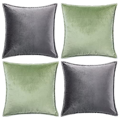 GAWAMAY Grey 16x16 Fall Pillow Covers,Pack of 2 Decorative Cushion Pillow Cases with Chenille Edge Soft Boho Decor Pillows for Living Room Sofa Couch Beding Green Velvet Euro Pillow (40x40cm)