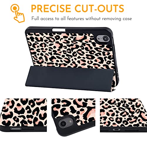 Hi Space iPad Mini 6 Case 2021 8.3 inch with Pencil Holder, Leopard Cheetah Trifold Stand Protective Shockproof iPad Mini 6th Generation Cover Auto Sleep Wake for A2567 A2568 A2569