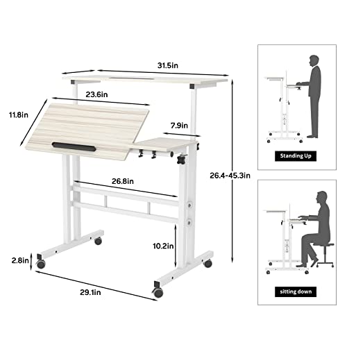 DlandHome Adjustable Rolling Desk Standing Desk, Sit-Stand Desk Cart Mobile Computer Desk Stand Up Desk Office Desk Riser Standing Table Workstation Mobile Desk, Maple