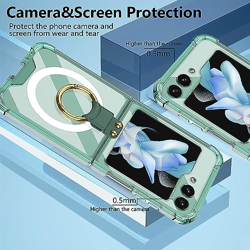 NINKI Compatible Samsung Galaxy Z Flip 5 Case Clear with Ring,4 Corners Heavy Duty Shockproof Samsung Z Flip 5 Case Rugged Slim Silicone Wireless Cover Phone Case for Galaxy Z Flip 5 Case 5G (Green)