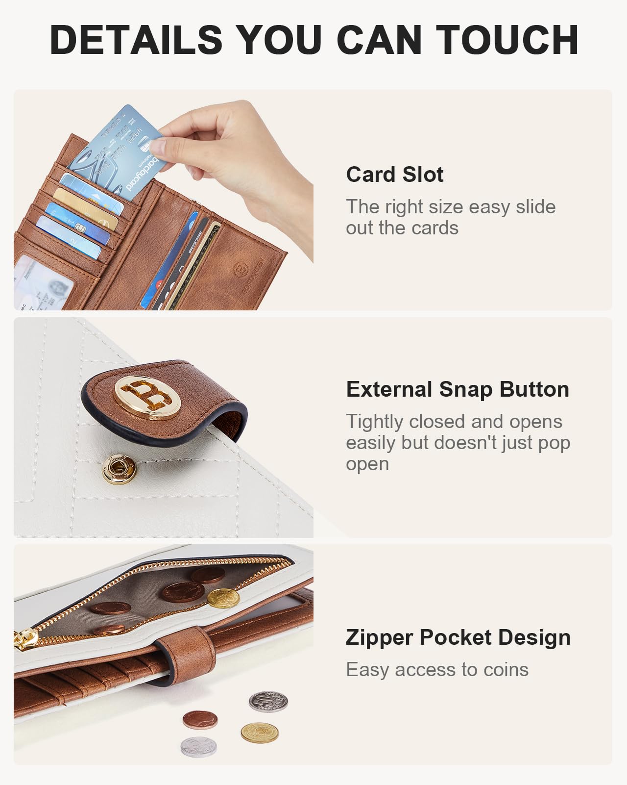 BOSTANTEN Slim Wallet Women Leather RFID Blocking Credit Card Holder Bifold Thin Wallet with Zipper Pocket Beige&Brown
