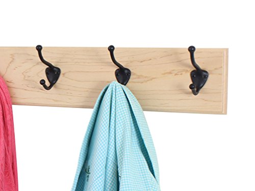 Maple Coat Rack with Bronze Hat & Coat style Hooks 4.5" Ultra-Wide (Natural, 36" x 4.5" with 7 Hooks)