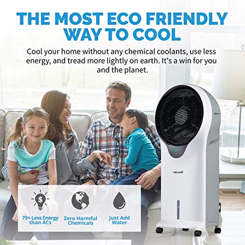 Newair Evaporative Cooler 470 CFM 250 sq. ft. Freestanding Home Air Cooler 3 Fan Speeds 1.45 Gallon Water Tank, White Easy Glide Wheels Remote Control Included