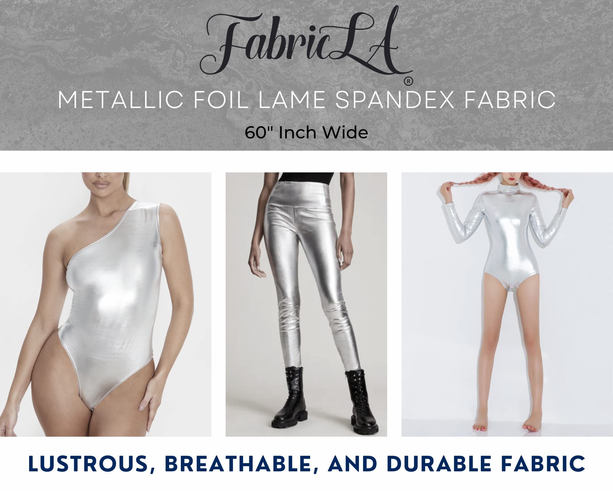 FabricLA | Silver Polyester Fabric | Metallic Foil Lame Spandex Material | 4-Way Stretch Knit Fabric | 60" Inches Wide | Polyester Fabric by The Yard for Dancewear, Costumes & Decoration - 1 Yard
