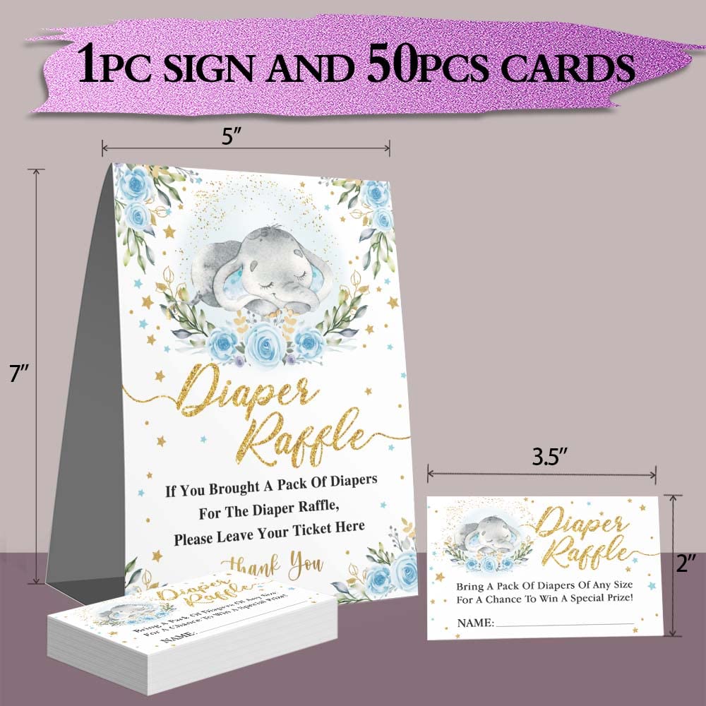 Blue Elephant Diaper Raffle Sign, Blue Sleeping Elephant Eucalyptus Baby Shower Raffle Insert Ticket, Bule Flower Baby Shower Decorations