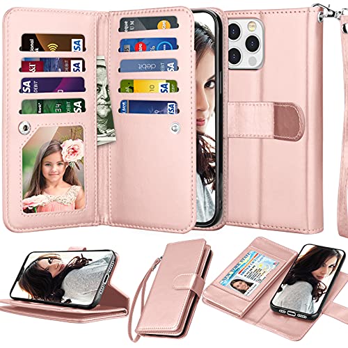 NJJEX Compatible with iPhone 13 Mini Case/iPhone 13 Mini Wallet Case 5.4" (2021), [9 Card Slots] PU Leather Credit Holder Folio Flip [Detachable] Kickstand Magnetic Phone Cover & Lanyard [Rose Gold]