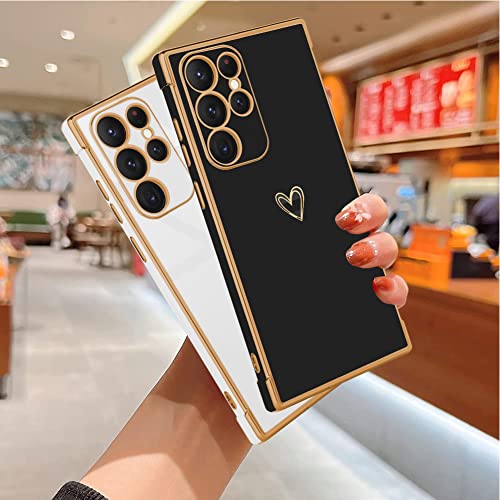 MZELQ Compatible with Samsung Galaxy S22 Ultra Case for Women Cute Luxury Gold Heart Pattern Design, Full Camera Protection & Soft TPU Shockproof Protective Plating Edge Phone Case 6.9 inch 2022 Black
