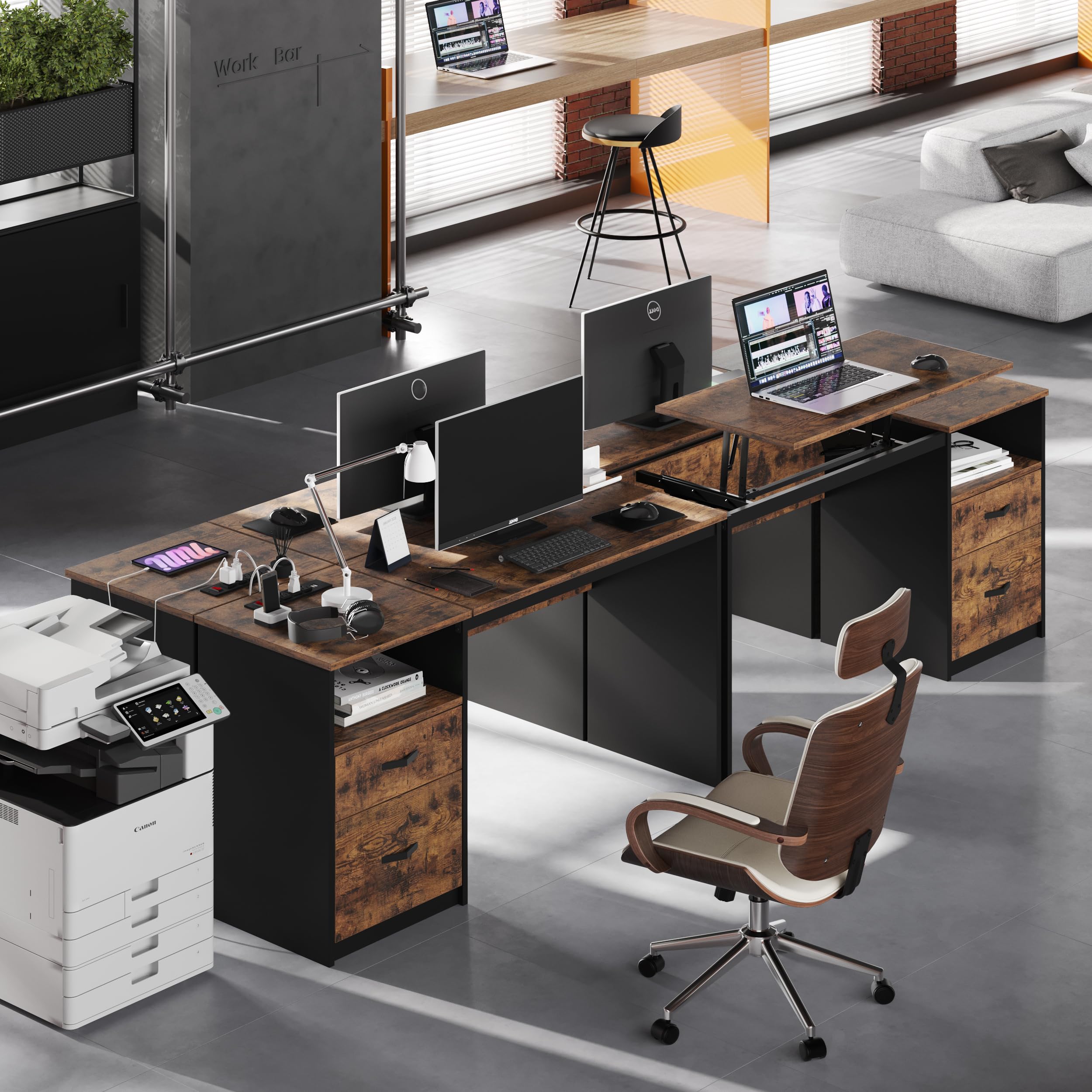 Bestier 60 inch Home Office Desk with Power Outlets, Computer Desk with Drawers, Reversible Desk with File Drawer, Adjustable Height Desk with Storage for Home Office, Brown