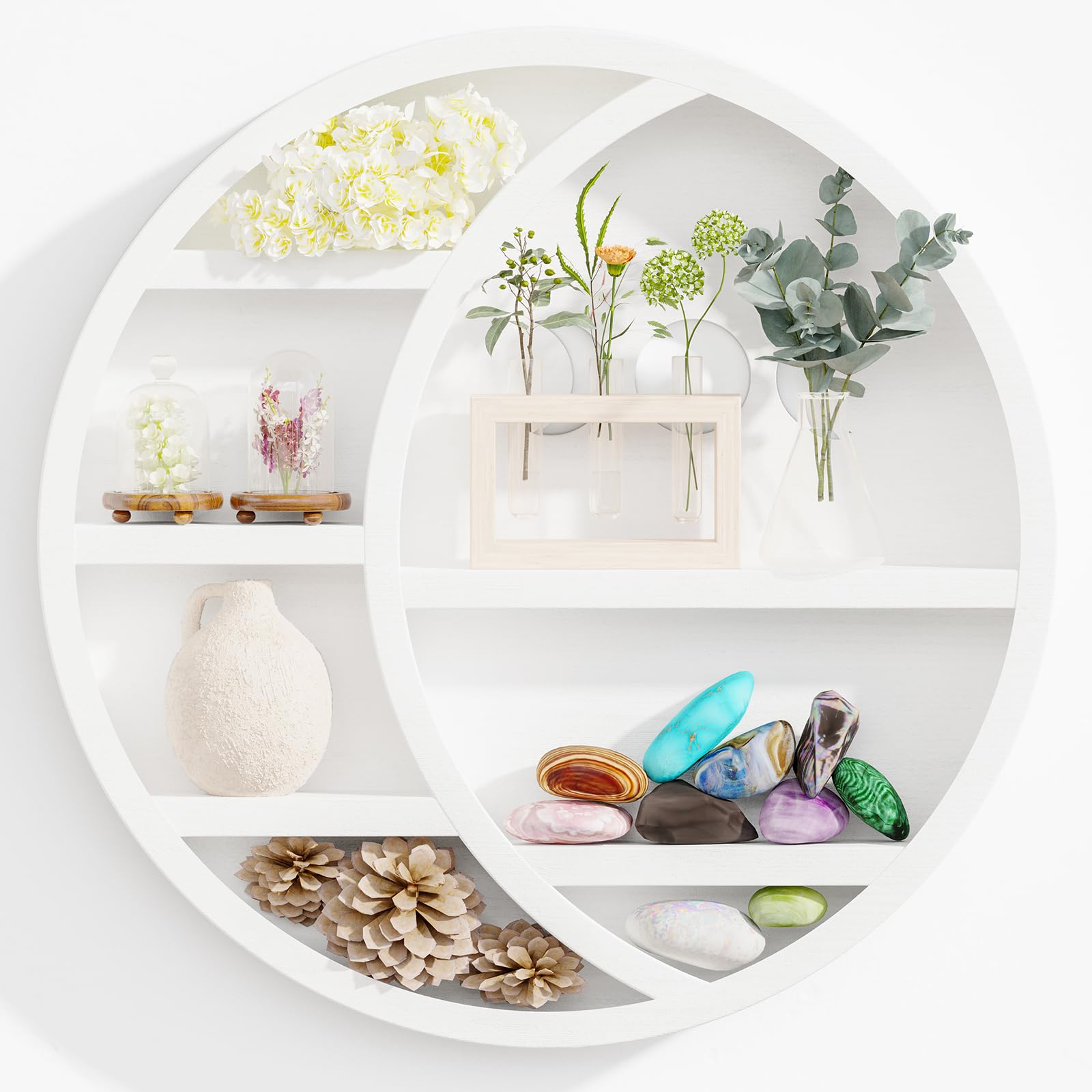 Fixwal Wooden Moon Shelf, 11.8in Floating Wall Mounted Shelves, Crescent Moon Crystal Shelf, Gothic & Rustic Boho Style Decor for Crystal Stones, Essential Oils and Art (White)
