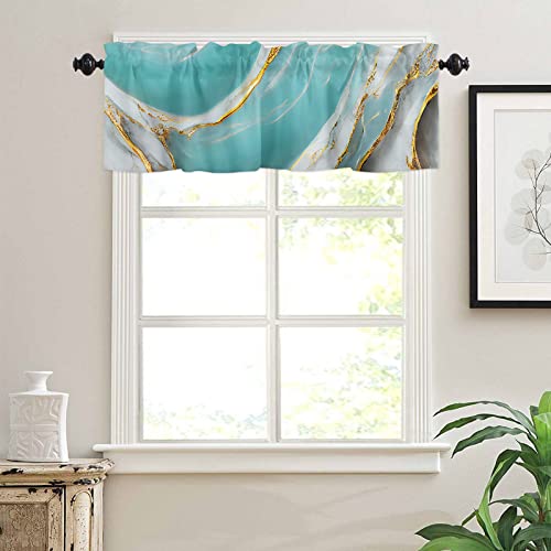 Marble Auqa Valance Curtains for Living Room/Bedroom/Bathroom/Kitchen Window,Rod Pocket Window Valance Tiers Small Window Curtain Drape Window Panel Treatment,Modern Abstract Gold White Art 1 Panel