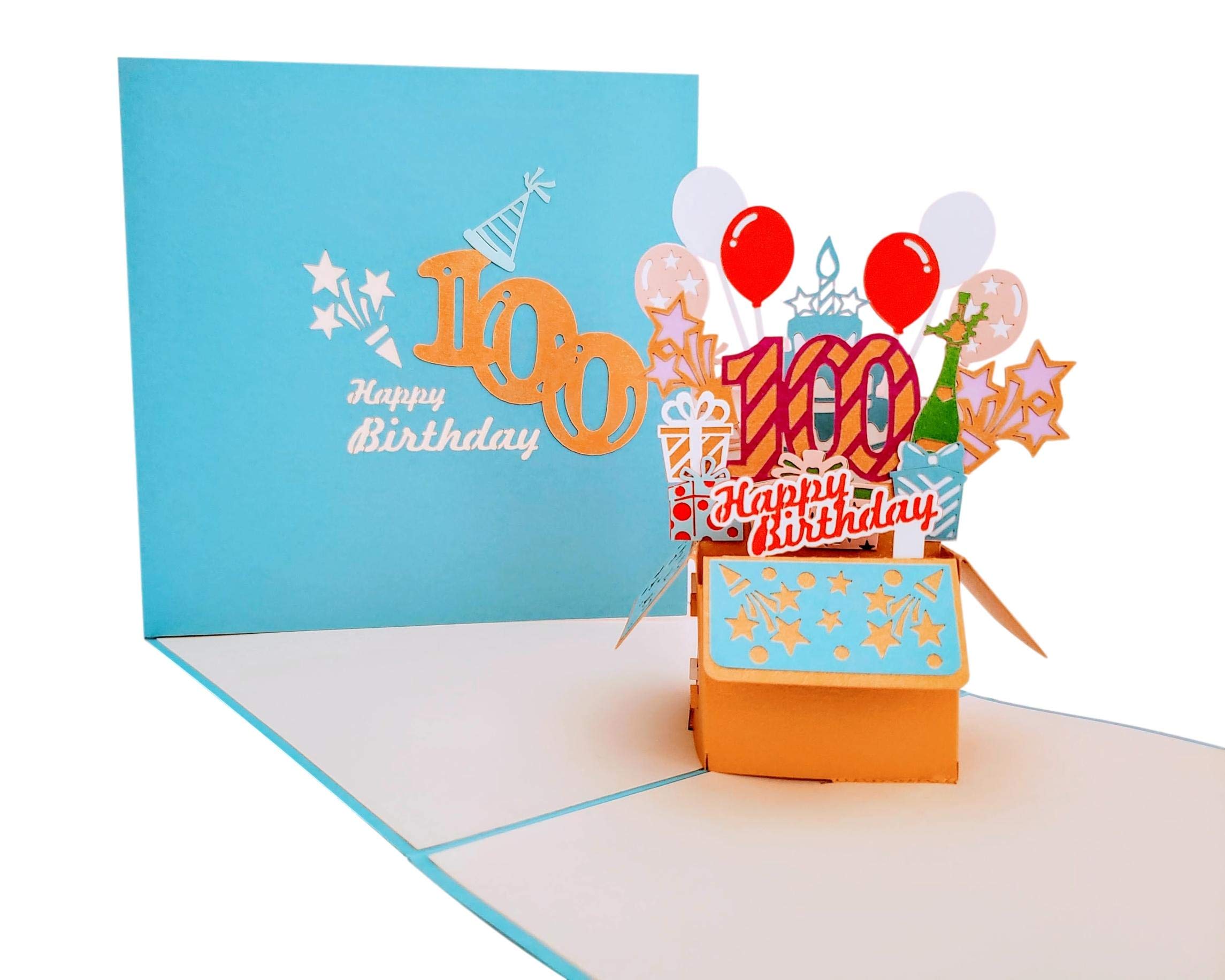 iGifts And Cards Happy 100th Blue Birthday Party Box 3D Pop Up Greeting Card – Someone Turning 100, Hundred, Awesome, Balloons, Unique, Celebration, Feliz Cumpleaños, Fun, Mom, Dad