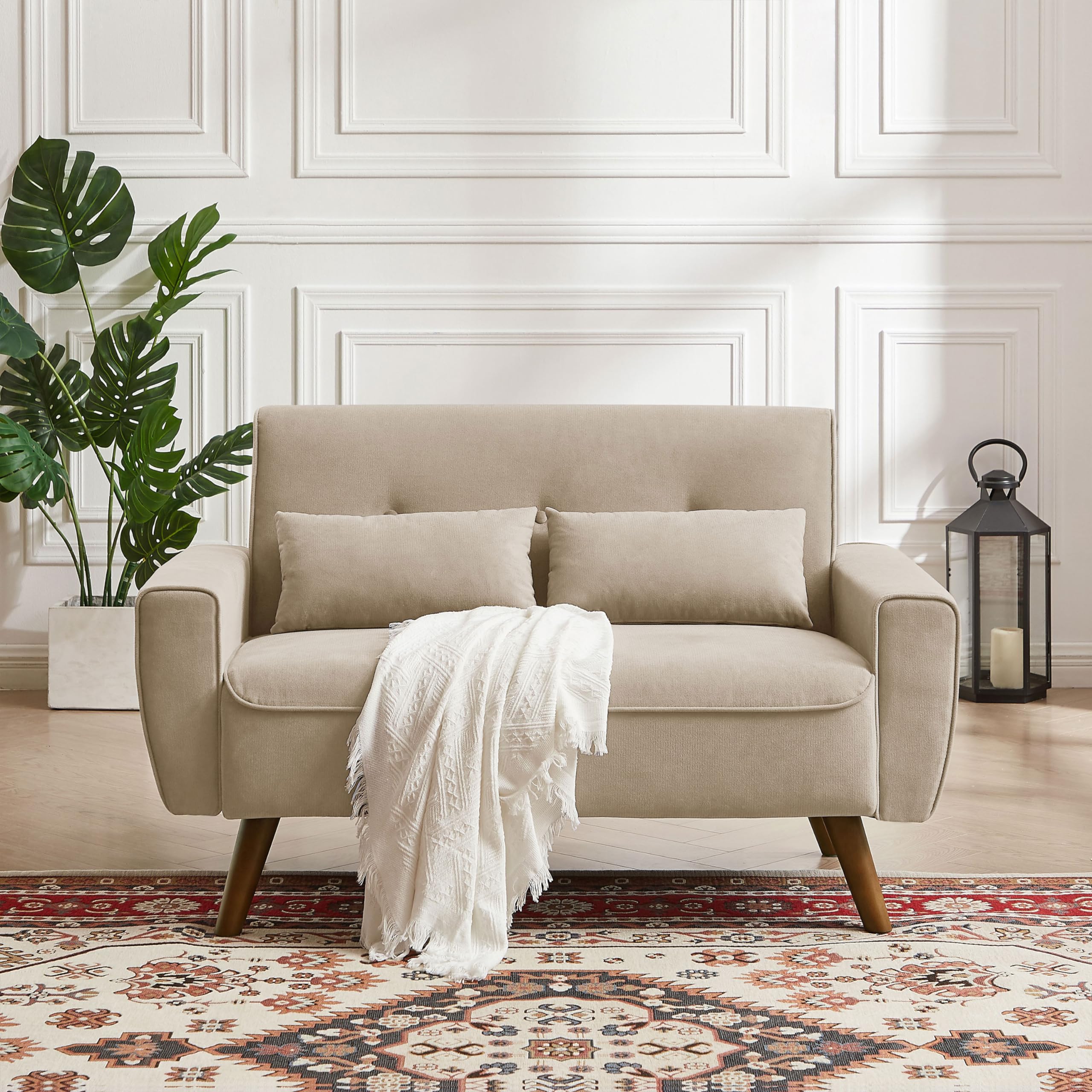 Chireca 48.8" Small Loveseat Sofa Couch, Mid Century Modern Linen Love Seat Couch, 2 Seat Tufted Couches with Throw Pillows for Living Room, Apartment, Bedroom and Small Spaces, Light Grey
