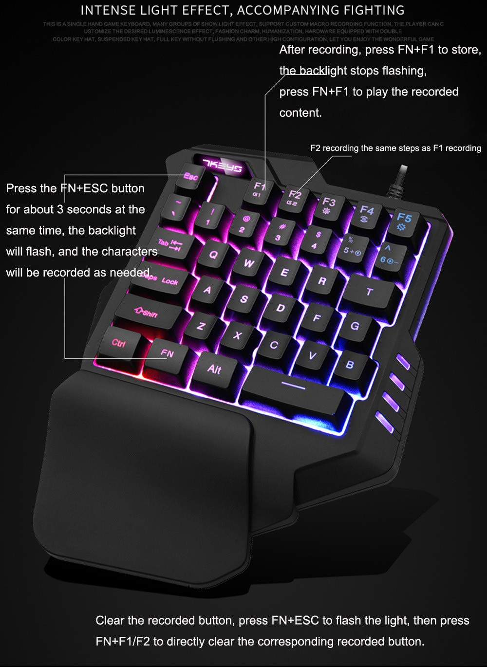 HiGOGO G30 Wired 35 Keys One-Handed Gaming Keypad, Rainbow LED Backlight with Large Wrist Pad (Black)