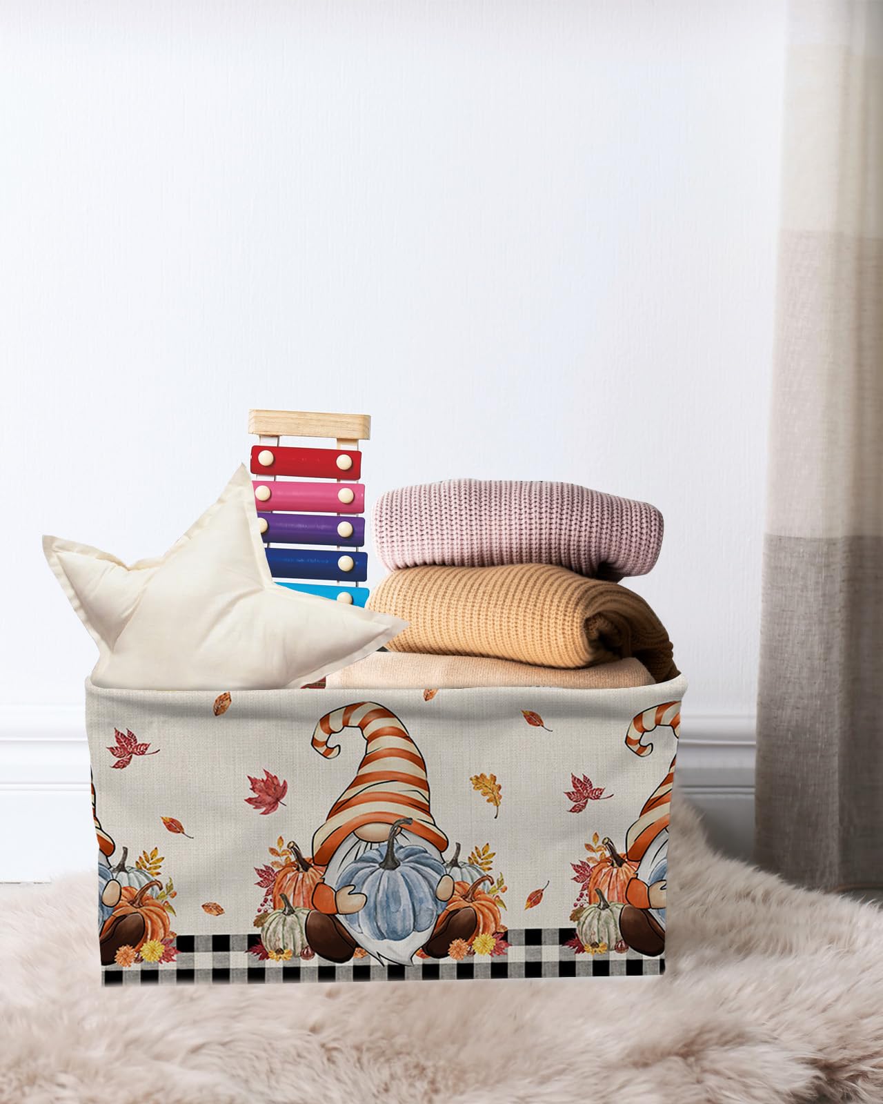 Storage Basket Fall Gnome Fall Bakets Foldable Storage Bins Collapsible with Handles Autumn Pumpkin Black Buffalo Plaid Laundry Baskets for Organizing Shelves Closet Toy Gifts Bedroom Home Decor