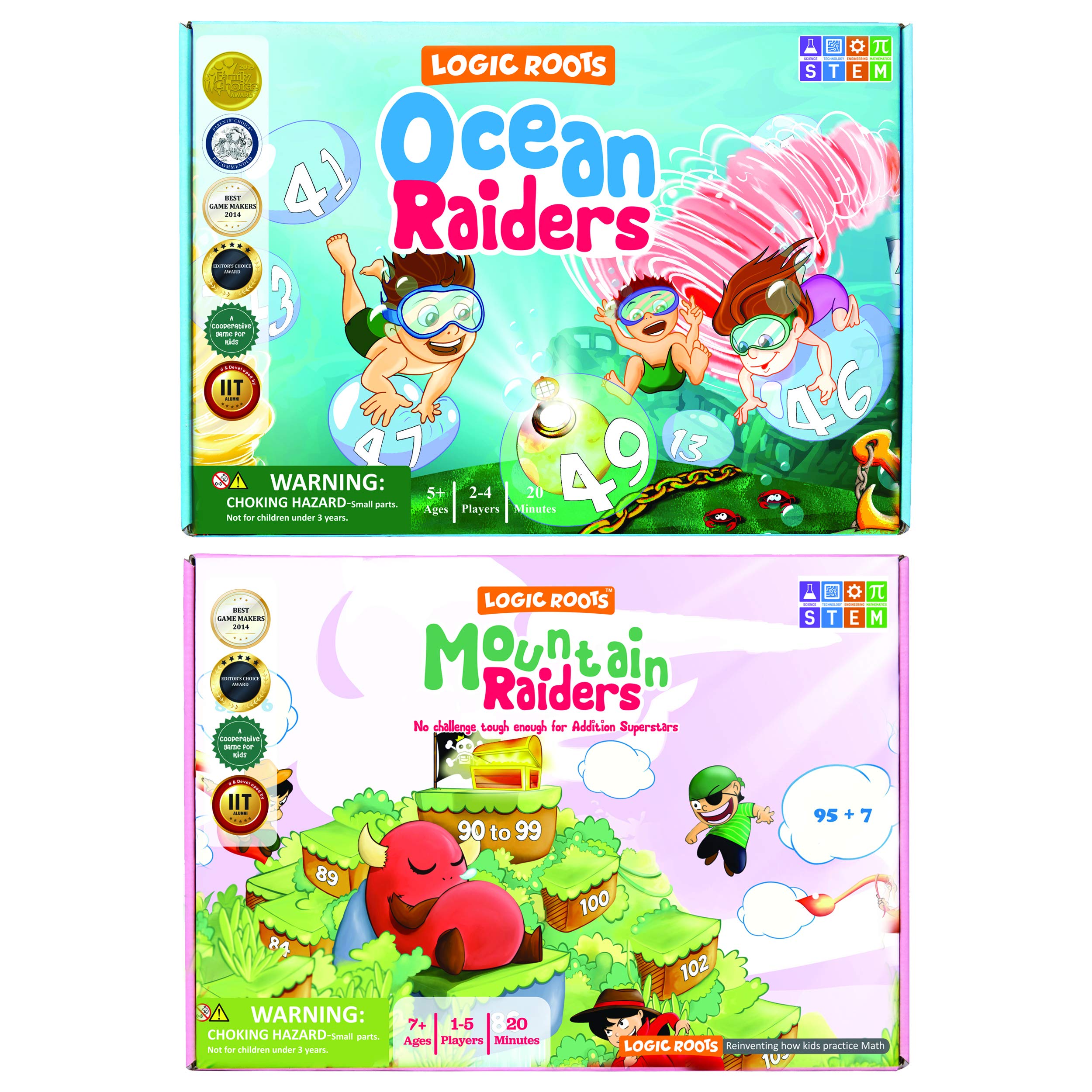 Logic Roots Addition Games - Pack of 2, Mountain Raiders and Ocean Raiders, Math Board Games and STEM Toys for 5- 9 Year Olds, Educational Gift for Kids, Homeschoolers, Kindergarten and Up