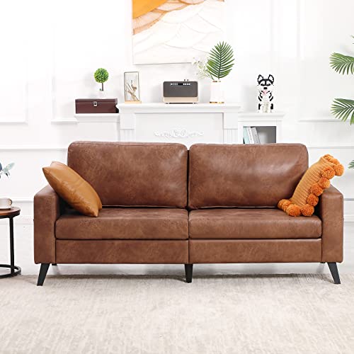 Esright Leather Sofa Couch, Faux Leather Couch 79" Wide, Mid Century Modern Couches for Living Room, Brown Leather Sofa Couch, Saddle Brown