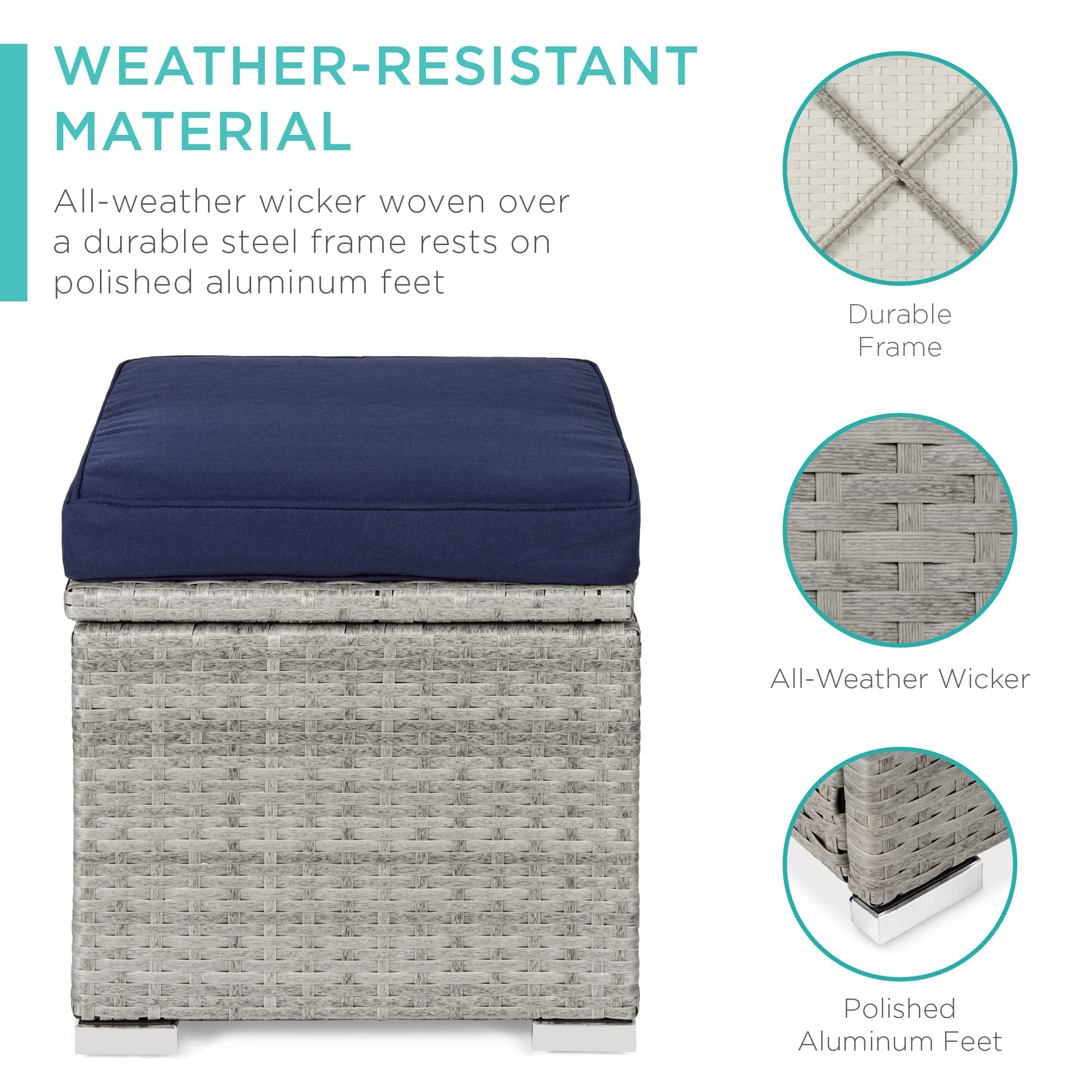 Best Choice Products Set of 2 Wicker Ottomans, Multipurpose Outdoor Furniture for Patio, Backyard, Additional Seating, Footrest, Side Table w/Storage, Removable Cushions - Gray/Navy