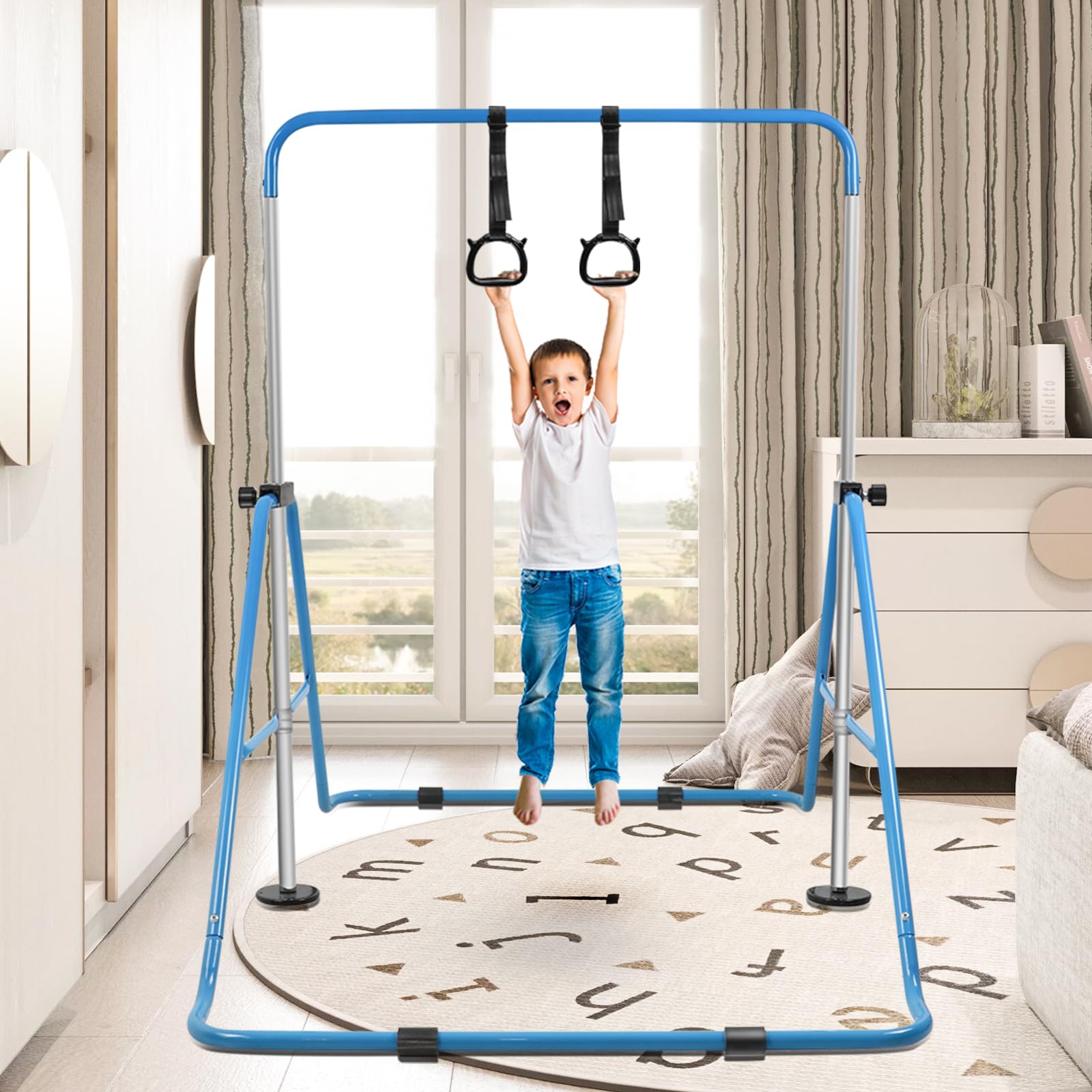 BEEYEO Kids Gymnastics Bar for Home Expandable Adjustable Height Junior Gymnastic Equipments Horizontal Bars Training Kip Bar Equipment for Home/Floor/Practice/Gymnastics (Pink)