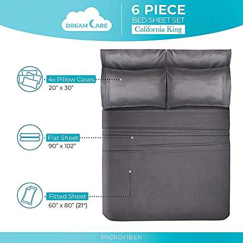 DREAMCARE California King Sheets - Cooling Bed Sheets - 6pcs Set - Cal King Sheets - California King Sheet Sets - Luxury Soft & Long Lasting 100% Fine Brushed Polyester with Side Pocket - Gray