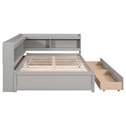 DEINPPA Full Size Platform Bed with L-Shaped Bookcase and 2 Drawers, Wooden Captain Bed Frame with Bookcase Headboard for Kids Teens Adult Boys Girls, No Box Spring Needed, Grey