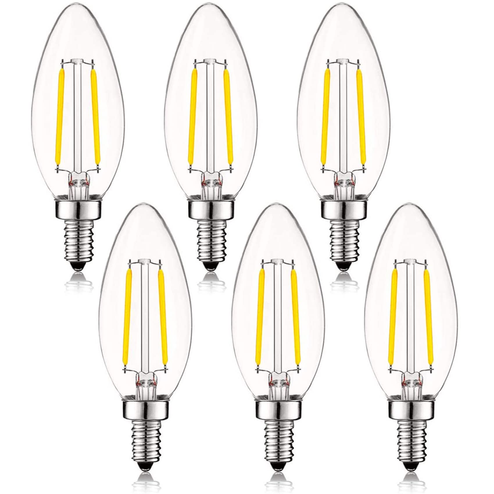 SHUWDKAR 2W LED Candelabra Bulb 25W Equivalent E12 Dimmable LED Bulbs Clear Filament Vintage Home Decoration Candle Light Bulbs B11 2700K Warm White,6 Pack