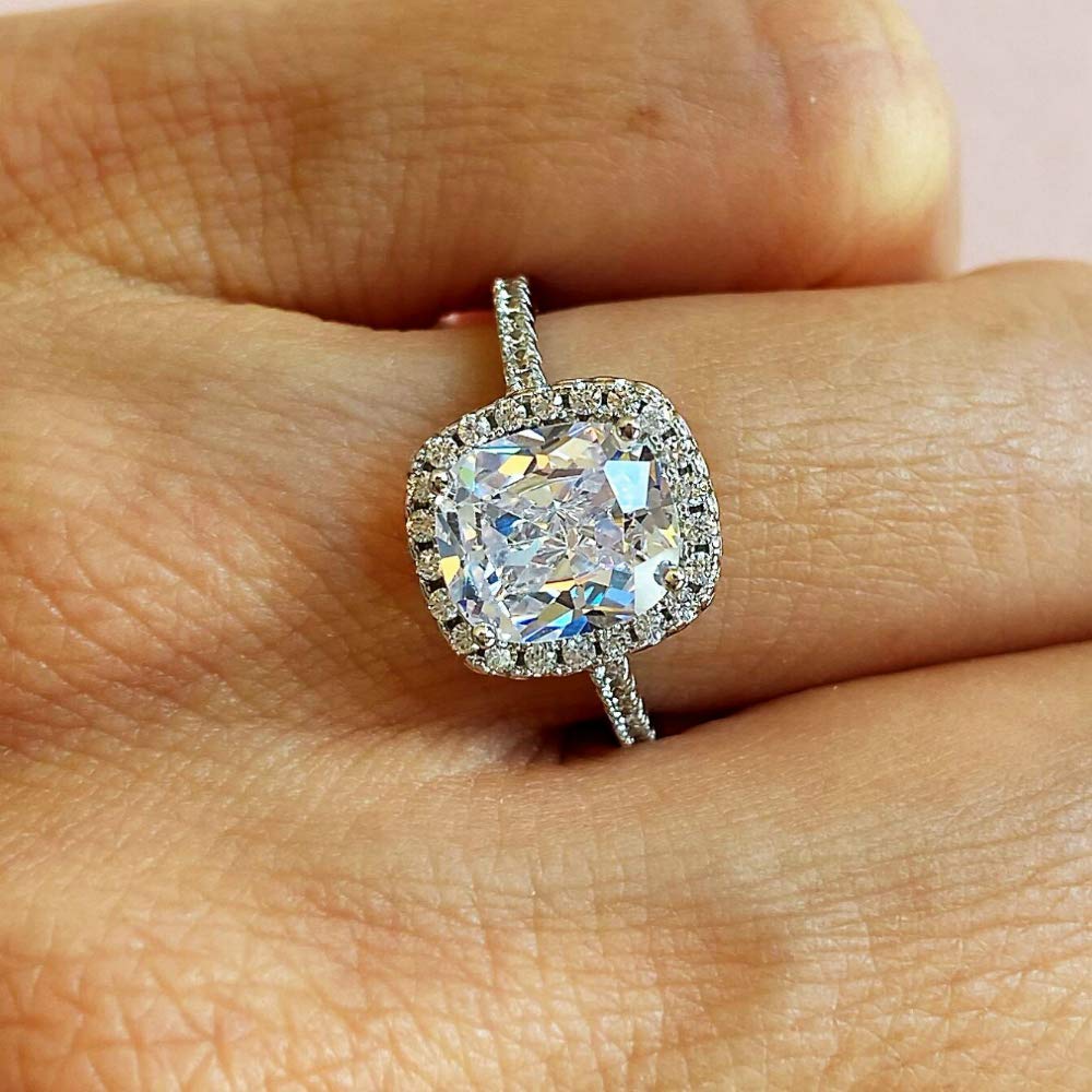 BeFab 2.25 Ct Cushion Cut Anniversary Ring Cubic Zirconia Accented Halo Engagement Ring (Silver, 7)