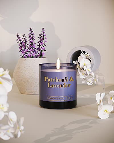 RAKLE Candles for Home Scented – Patchouli Lavender Scented Candle 7.4 oz – Premium Soy Wax Blend Candle Jar with Lid for Home, Meditation, Aromatherapy – Delightful Long Lasting Scents