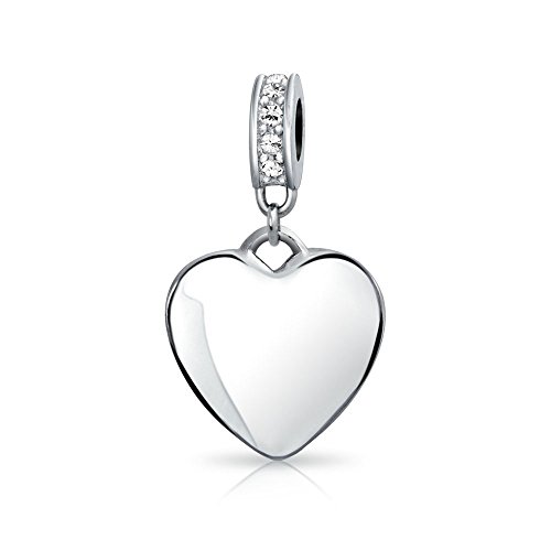 Bling Jewelry Personalized Engravable Initial Monogram Clear Crystal Accent Bale Heart Shape Dangle Bead Charm .925 Sterling Silver For Women Teen European Bracelet Custom Engraved
