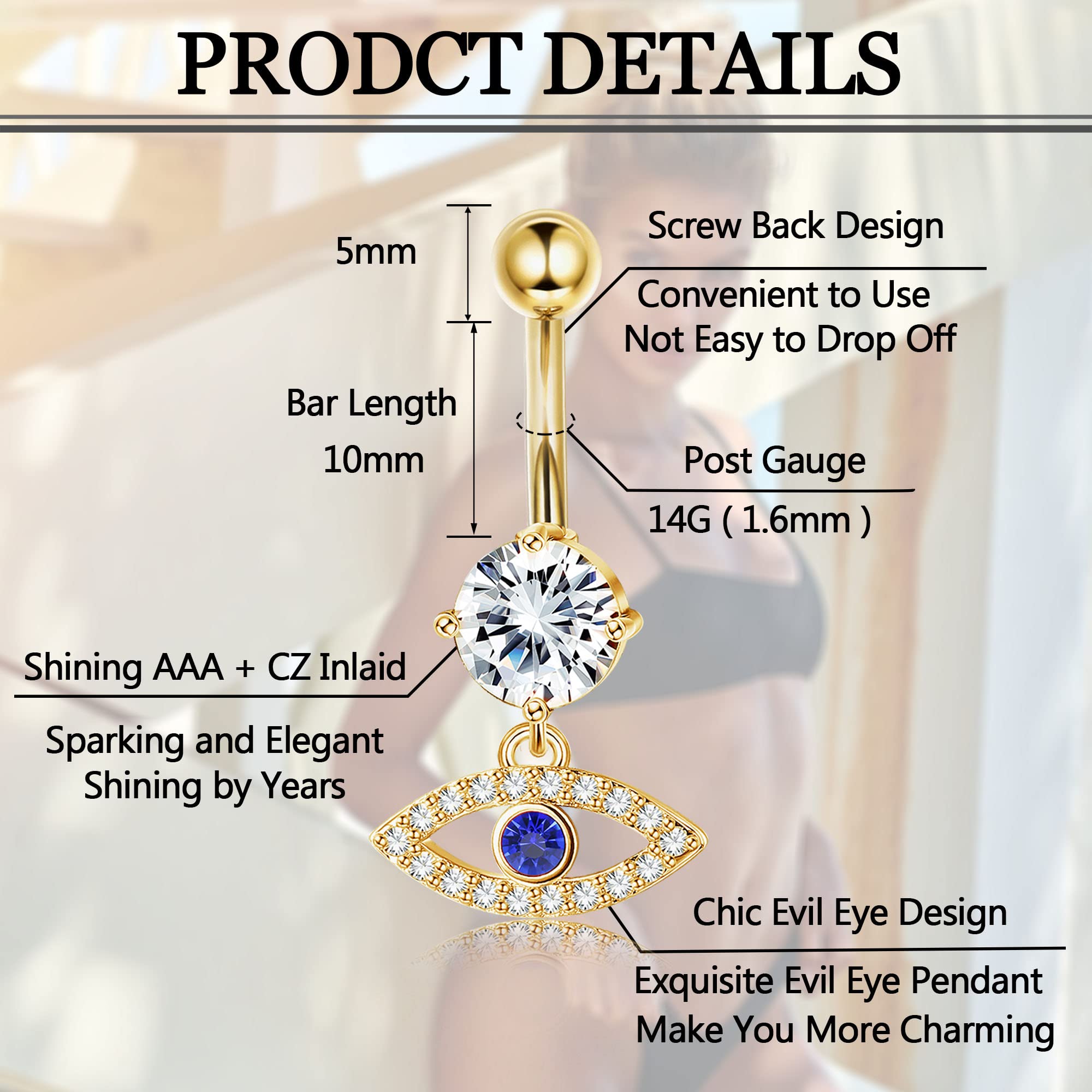 Besteel 14G Belly Button Rings Dangle Cute Gold Plated Snake Evil Eye Heart Clear CZ Butterfly Belly Button Rings for Women Belly Piercing Pack, Gold-tone