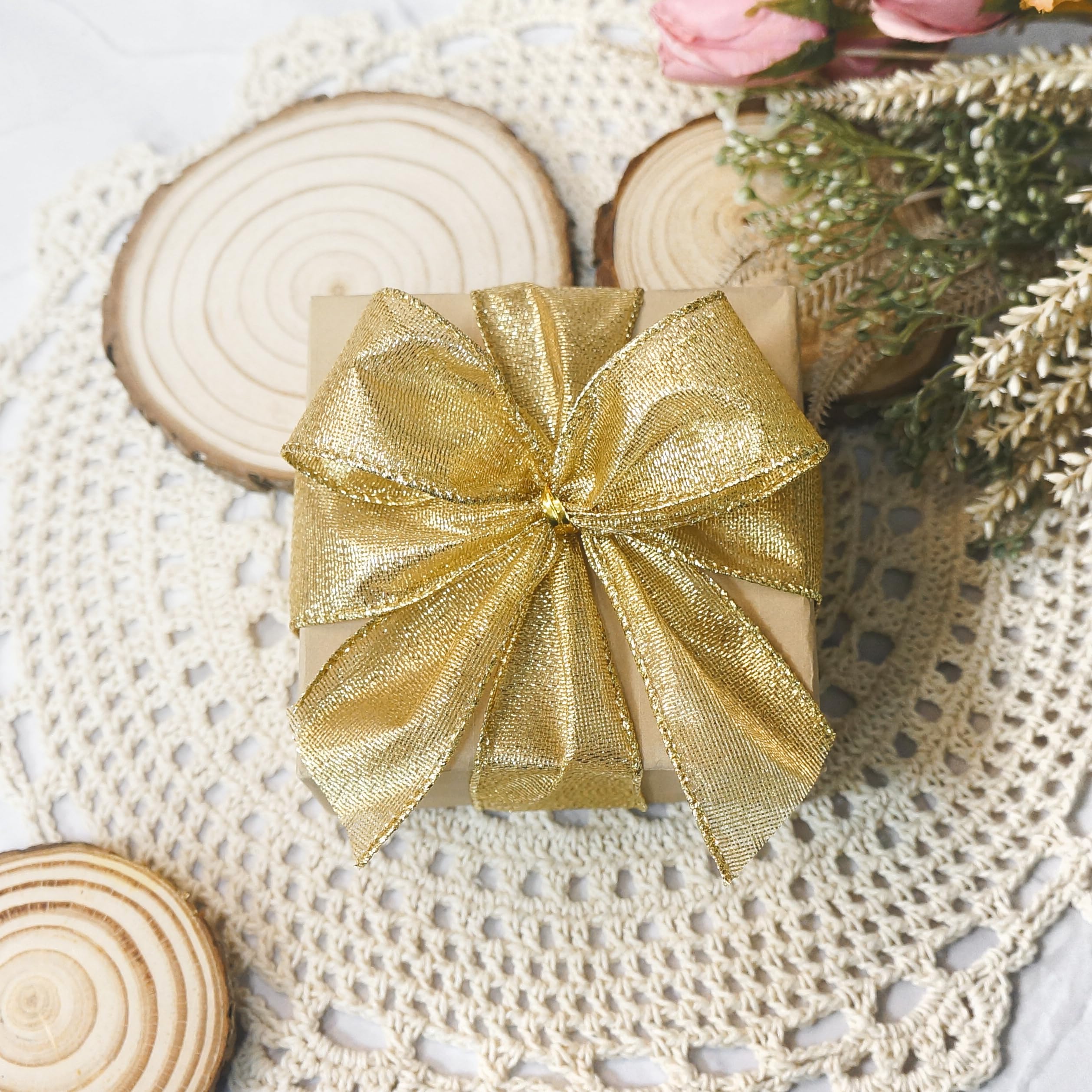 CT CRAFT LLC Gold Metallic Wired Ribbon 1.5 inch x 20 Yards for Christmas Home Decor Tree Topper Bow Gift Wrapping DIY Crafts Wreath Garland Wedding