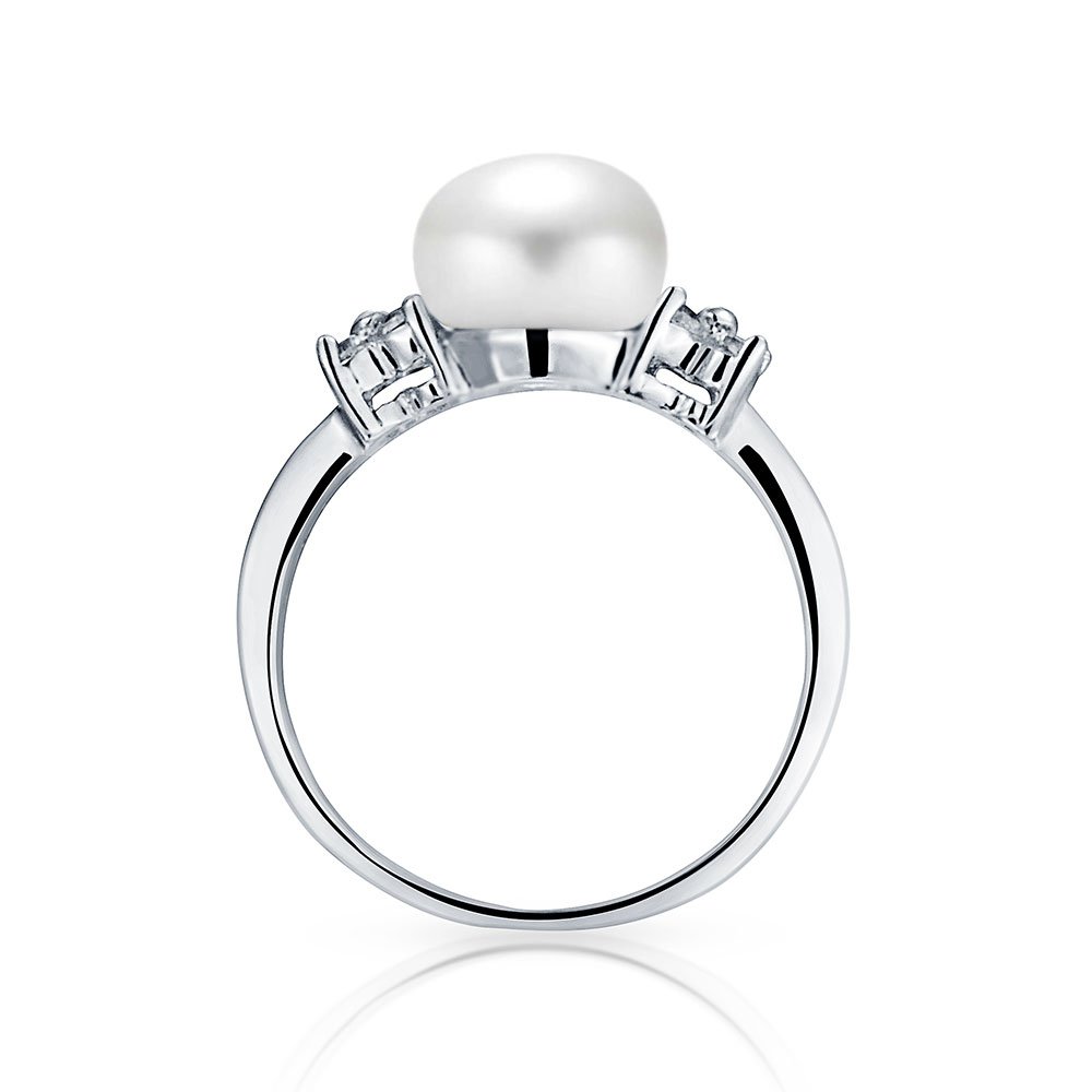 Bling Jewelry Traditional Timeless Wedding Pave CZ Band White Cultured Button Pearl Solitaire Engagement Promise Ring for Women Side Stones Silver Plated 8MM